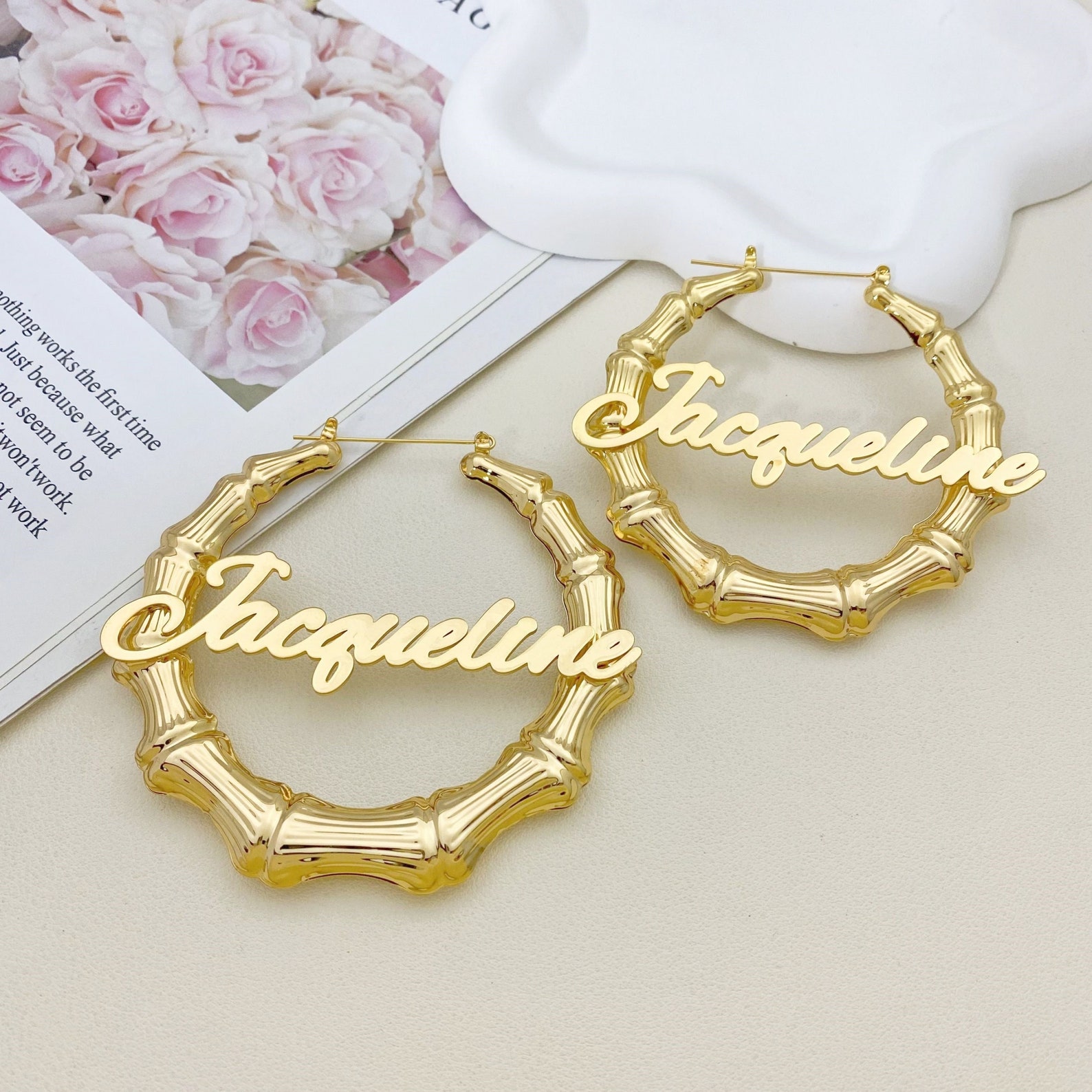 Nameplate Bamboo Earrings, Custom Name Earrings, Gold Bamboo Hoops ...