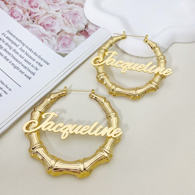 Nameplate Bamboo Earrings, Custom Name Earrings, Gold Bamboo Hoops ...