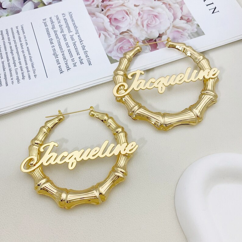 Nameplate Bamboo Earrings, Custom Name Earrings, Gold Bamboo Hoops ...