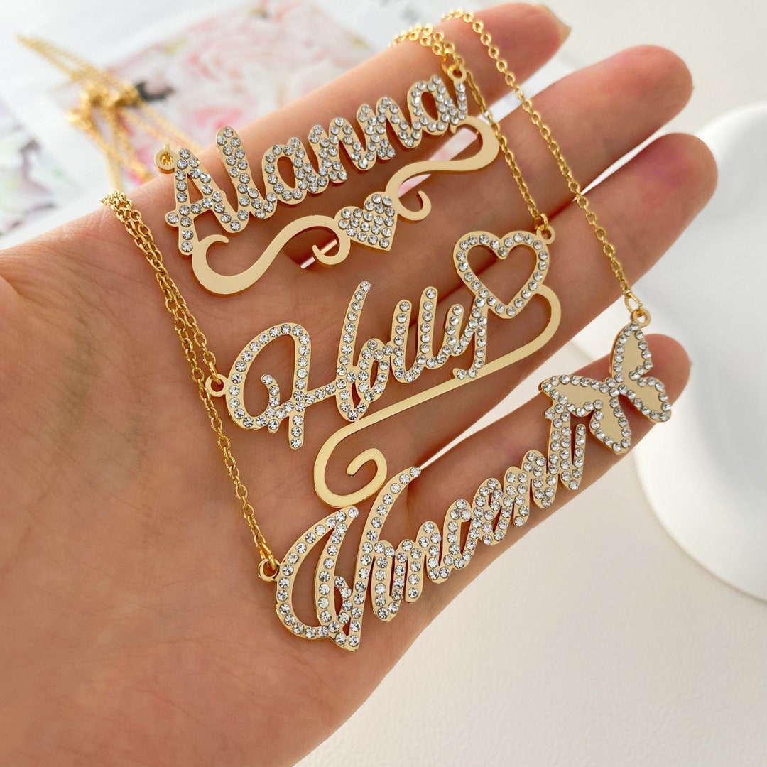 Diamond Name Plate Necklace, Custom Necklace, Crystal Name Necklace ...