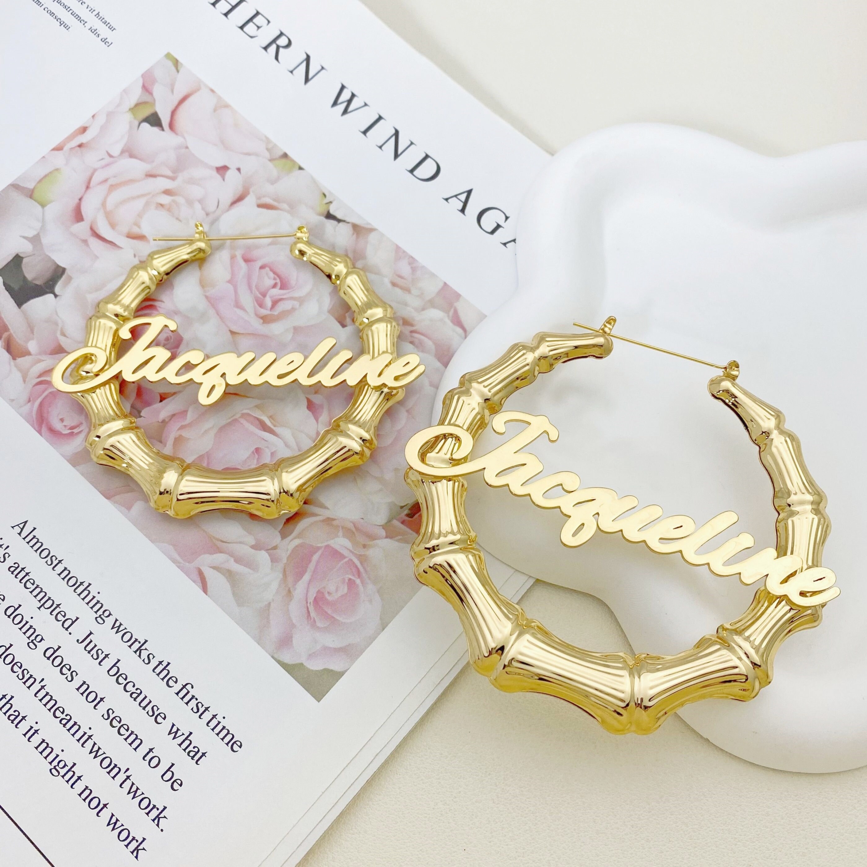 Nameplate Bamboo Earrings, Custom Name Earrings, Gold Bamboo Hoops ...