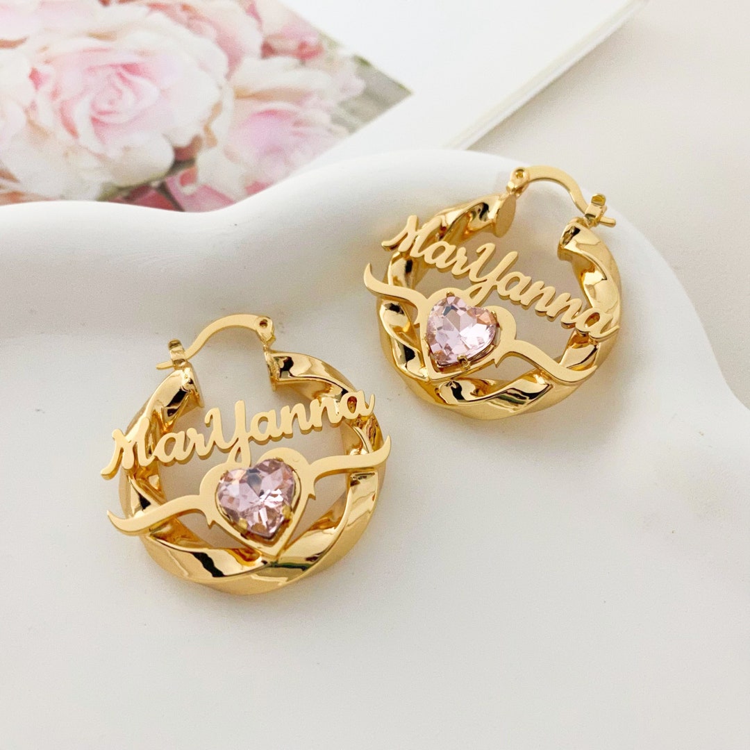 Kids Name Hoop Earring, Birthston Earrings, Custom Name Earrings, Gold ...