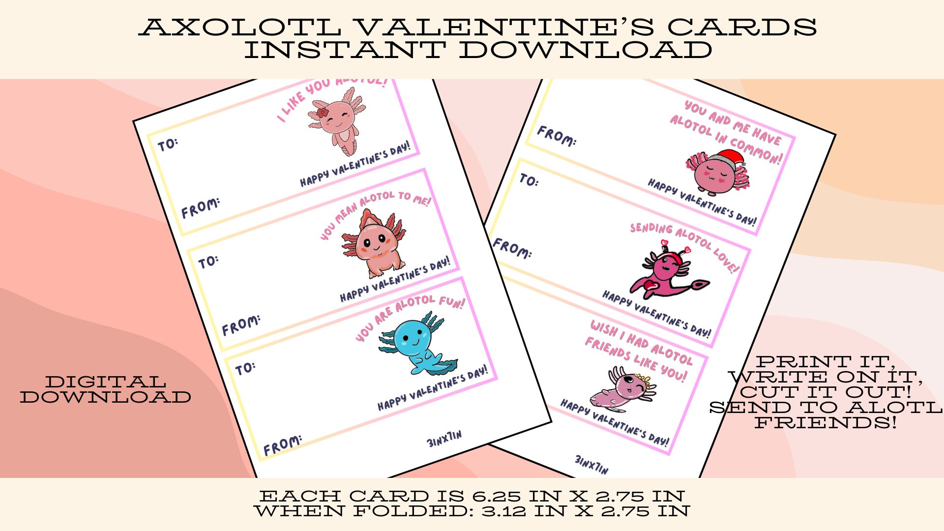 Cute Printable Axolotl Valentine Cards Classroom Valentine's Day Cards ...