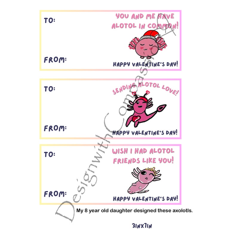 Cute Printable Axolotl Valentine Cards Classroom Valentine's Day Cards ...