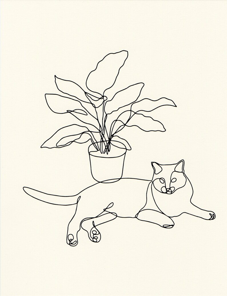 Line Art Illustration Print Lying Cat With Plant Abstract One - Etsy