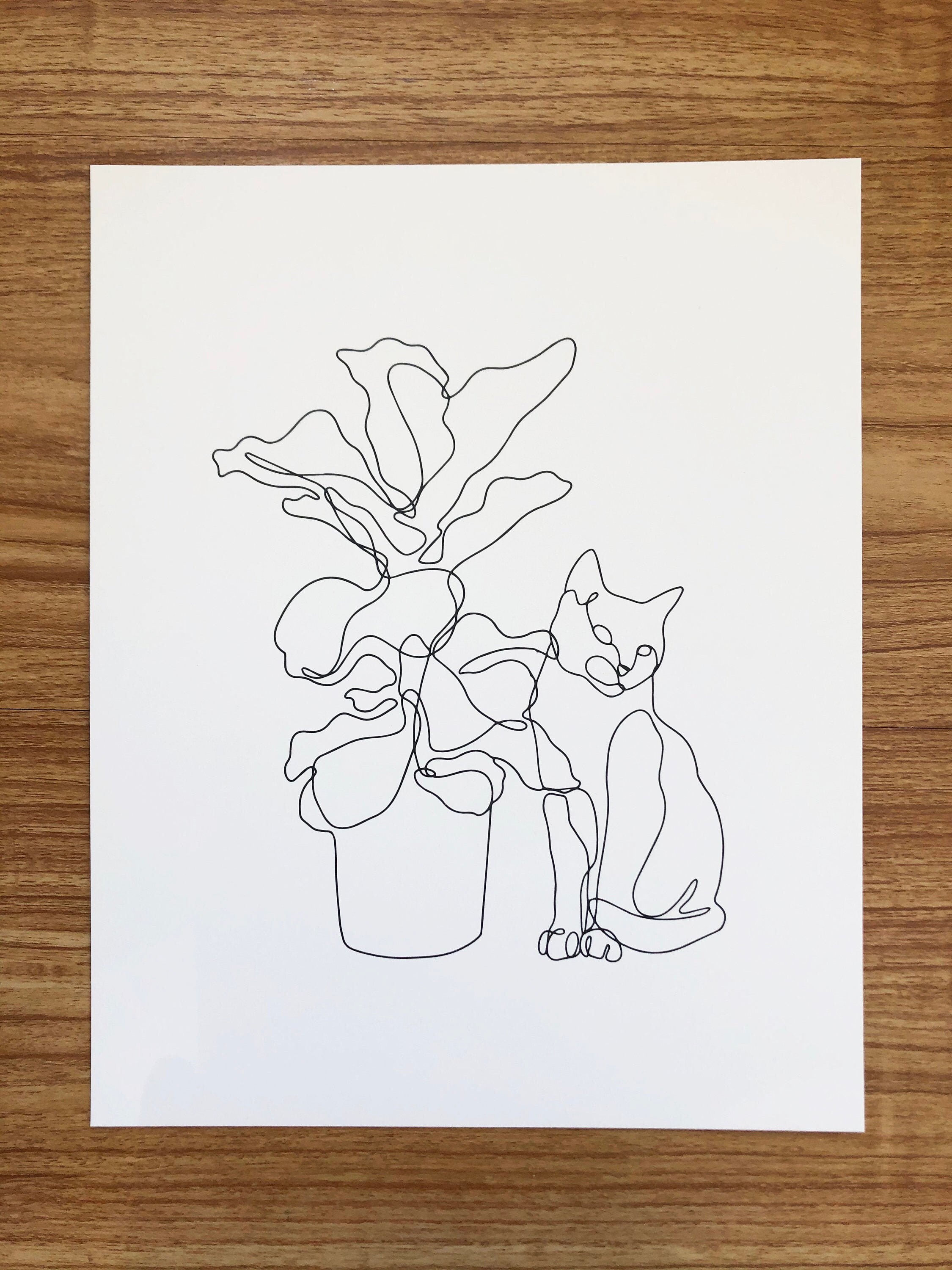 Line Art Illustration Print Sitting Cat With Plant Abstract - Etsy