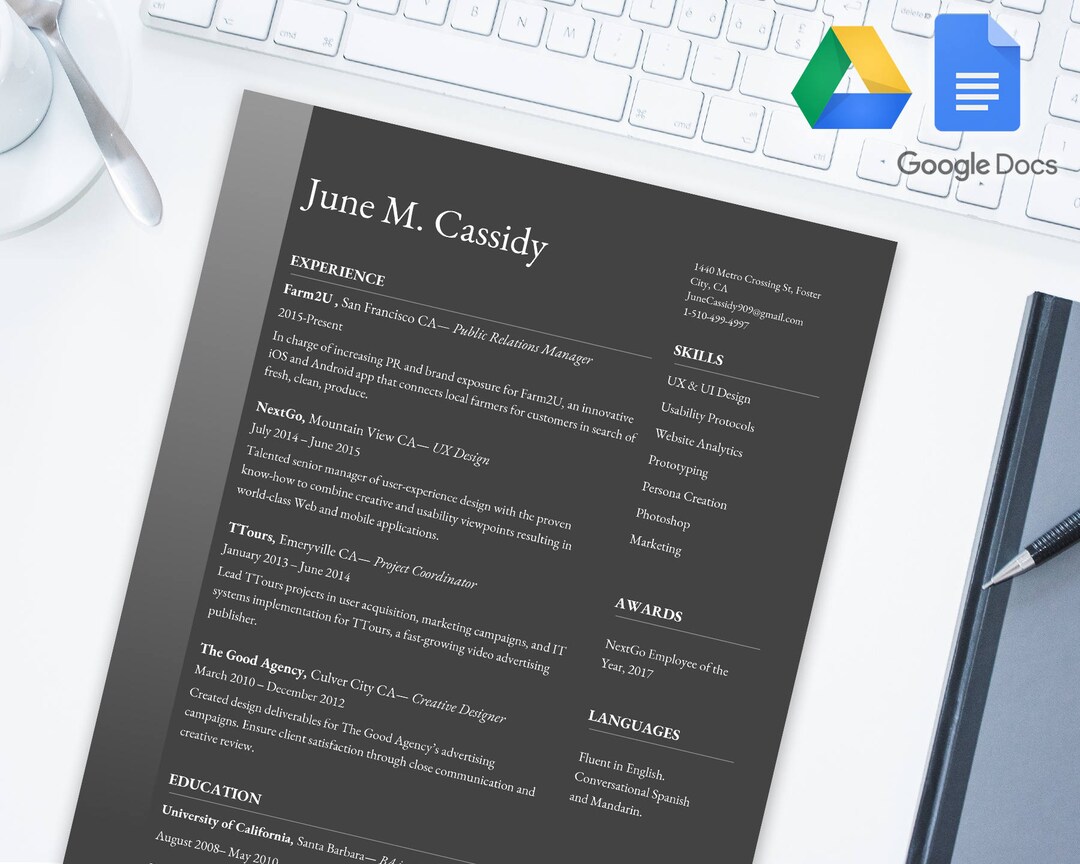 NIGHT MODE Resume Template for Google Docs | Google Drive - Gray ...