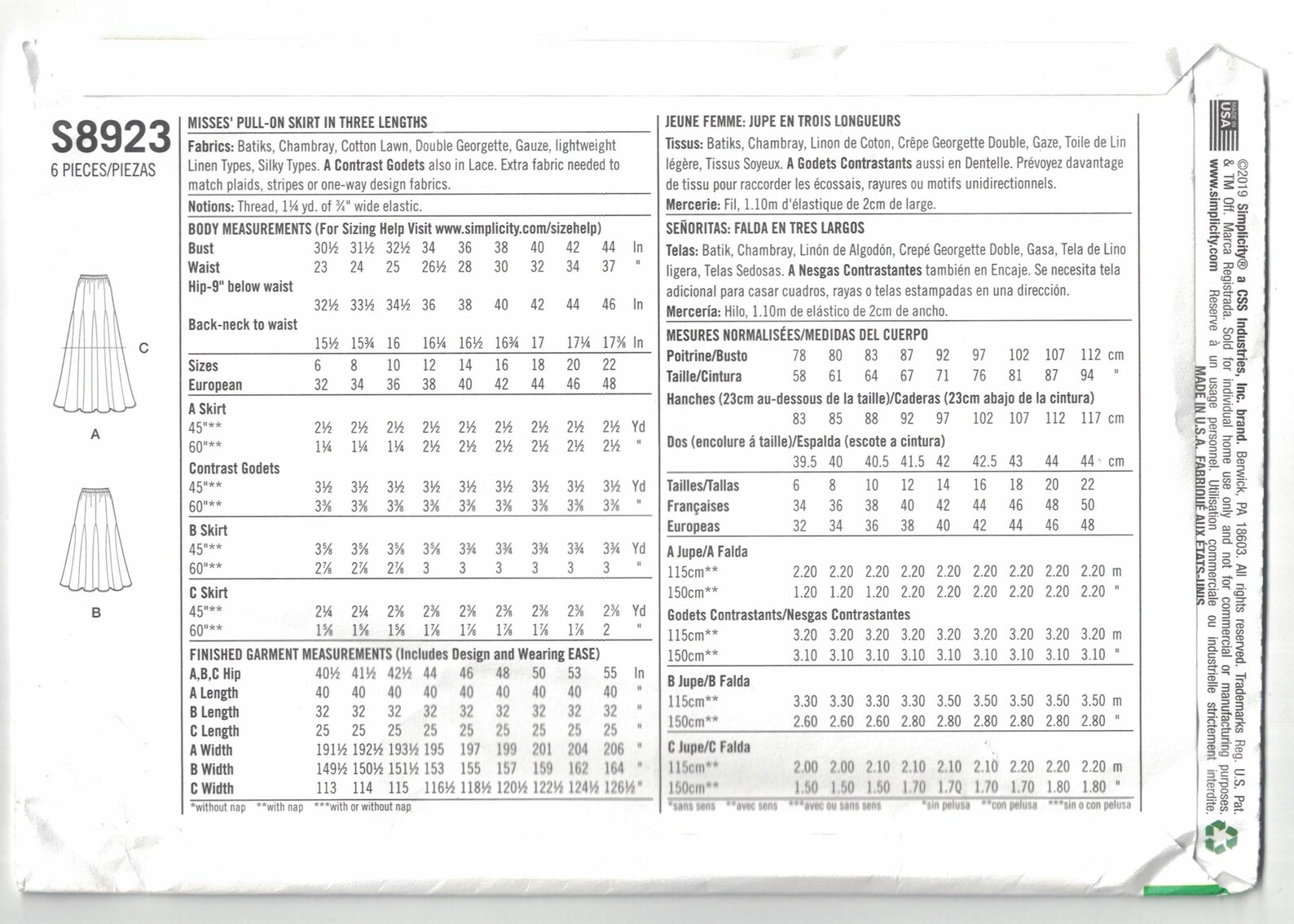 Misses/ladies Pull-on Skirt in Three Lengths; Simplicity S8923; Uncut ...