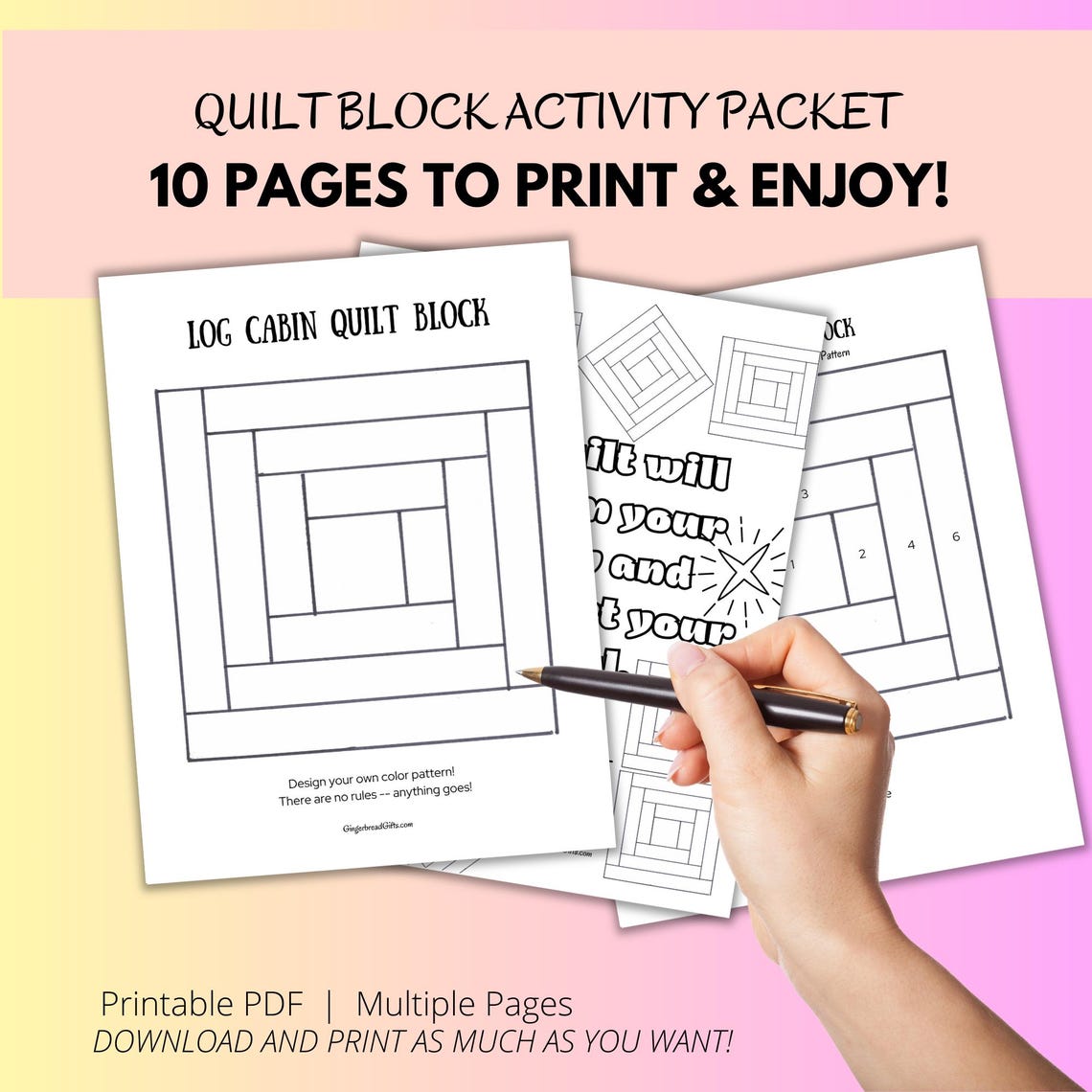 Log Cabin Quilt Block Coloring & Activity Pages; Color-by-number ...