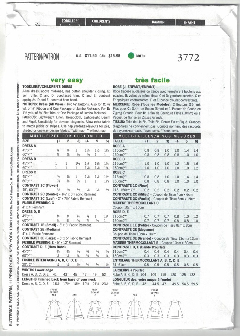 Toddler Children's Dress; Butterick B3772; Uncut Sewing Pattern in ...