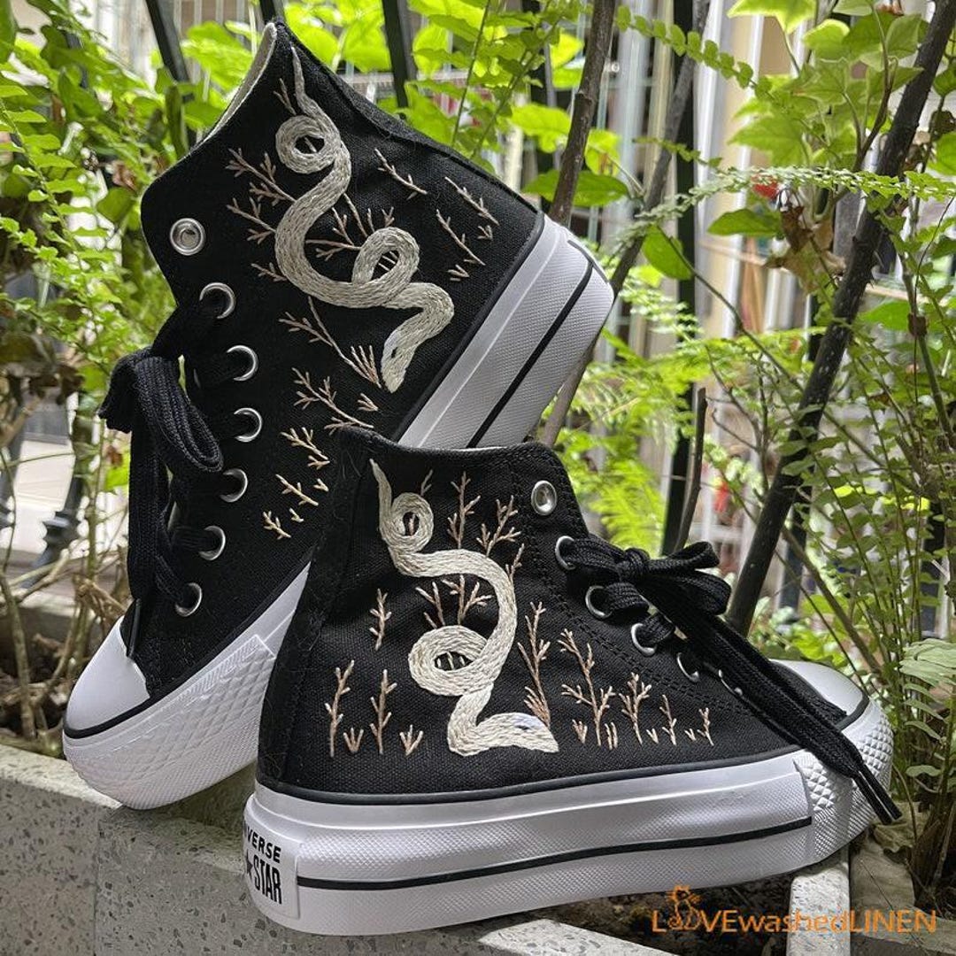Custom Converse Chuck Taylor Lift Platform High Top/ Embroidered Snake ...