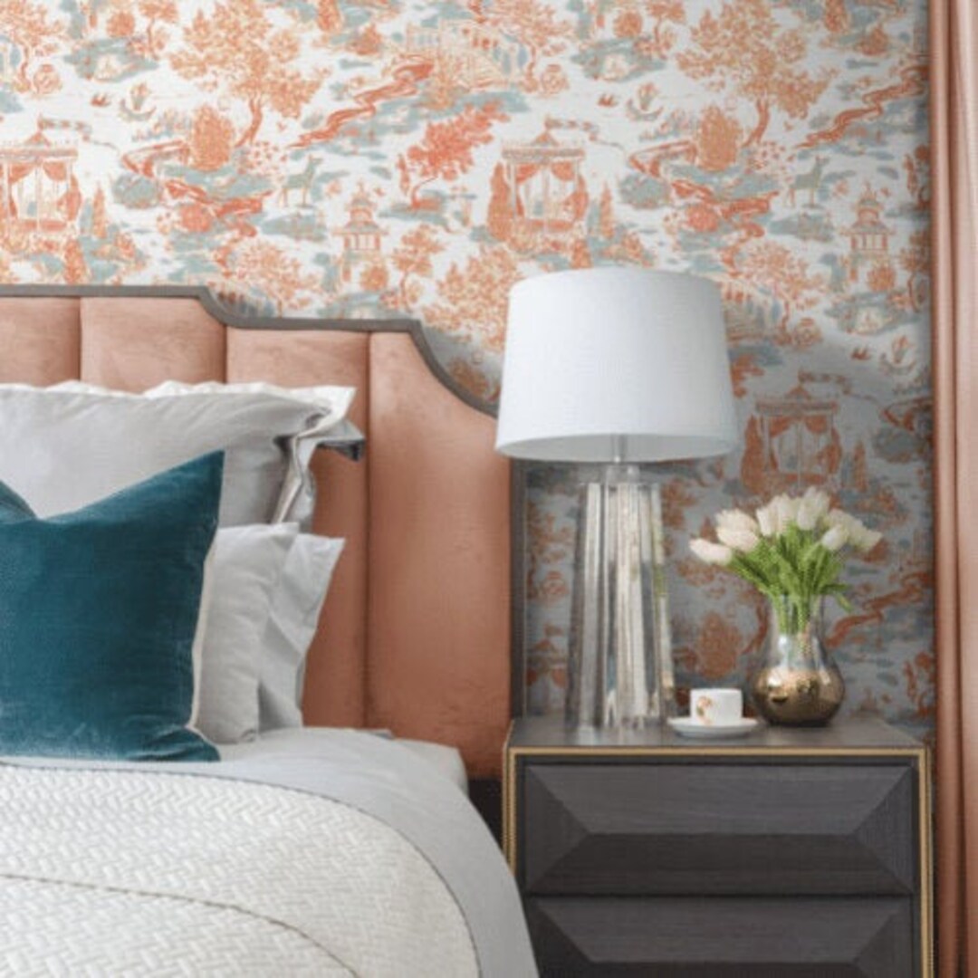 Cottage Core Peach Sage Toile Peel and Stick Wallpaper Coral - Etsy