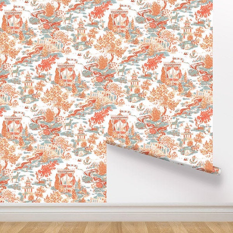 Cottage Core Peach Sage Toile Peel and Stick Wallpaper Coral - Etsy