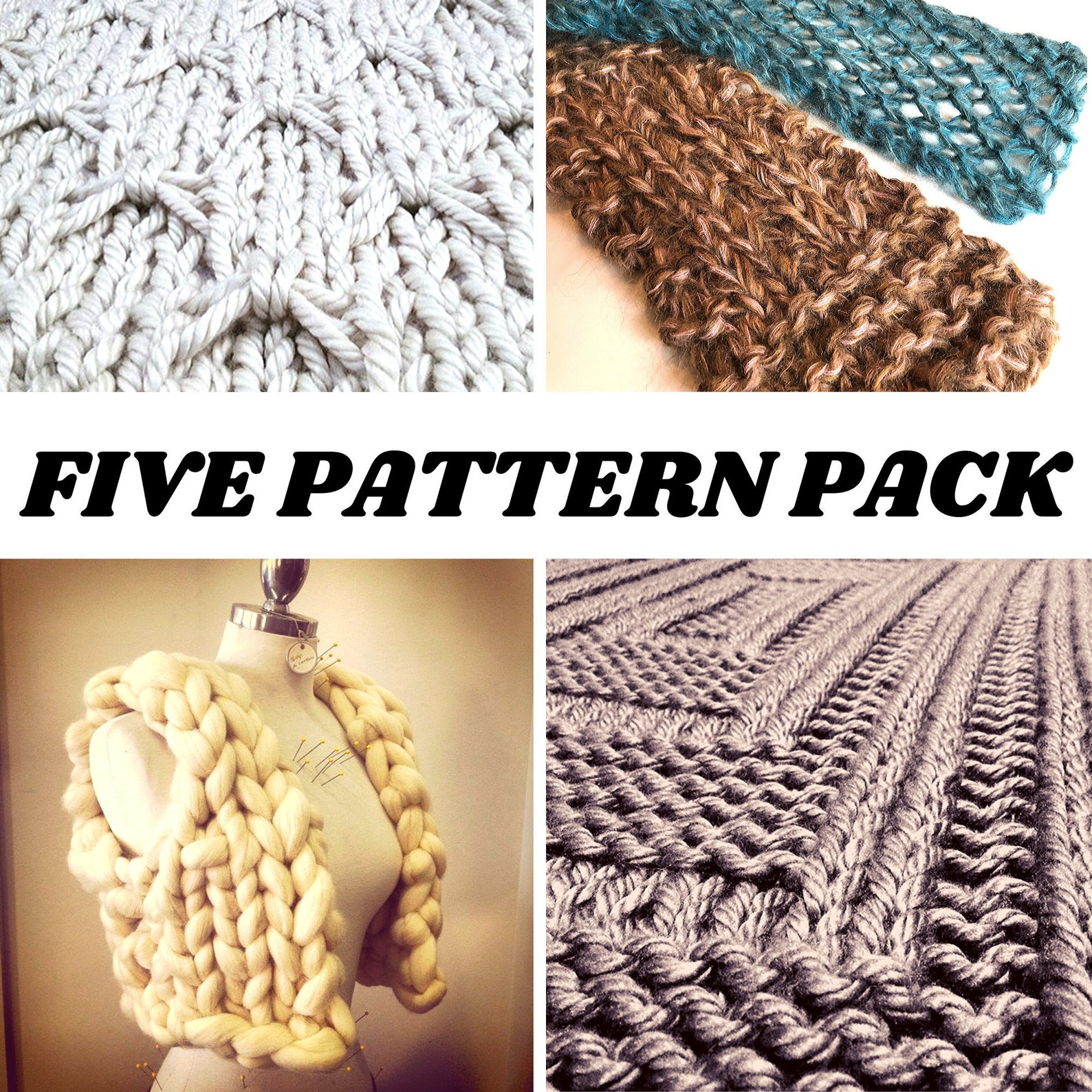 FIVE PATTERN PACK, Easy Knitting Patterns, Beginner Knitter, Chunky ...