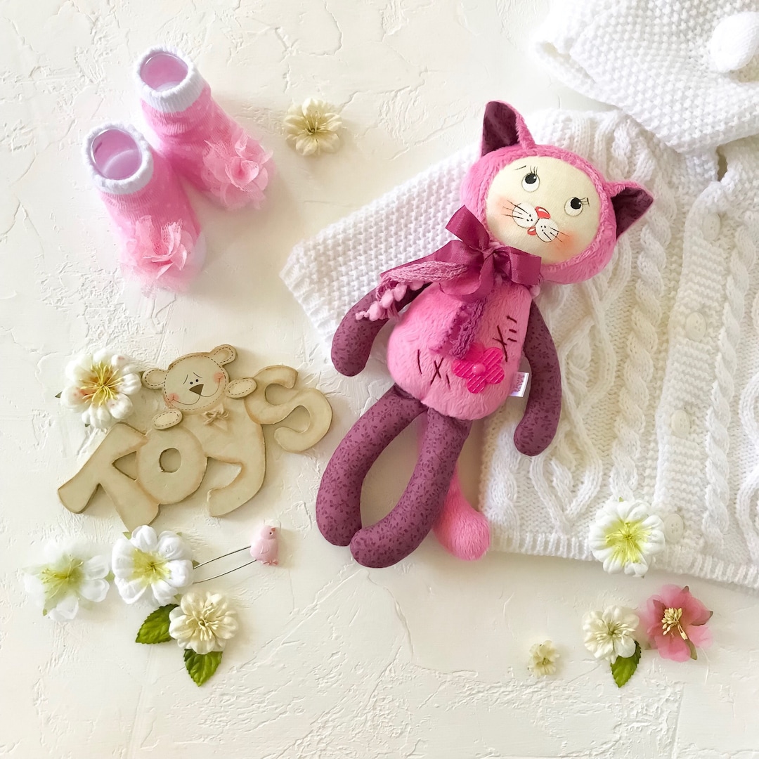 Plush Cat Baby Toy Stuffed Cat Doll Pink Cat Plushie Cuddle Toy for ...