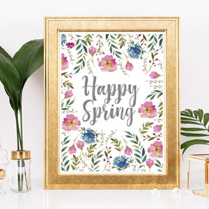 Spring Wall Art Printable, Watercolor Happy Spring Sign Digital Art ...