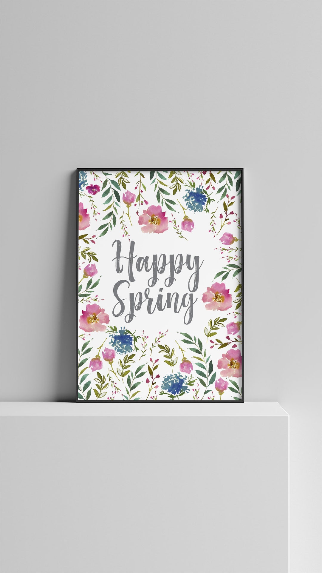 Spring Wall Art Printable, Watercolor Happy Spring Sign Digital Art ...