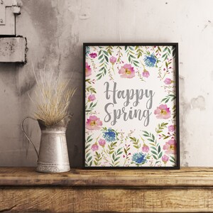 Spring Wall Art Printable, Watercolor Happy Spring Sign Digital Art ...