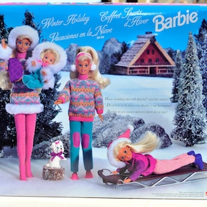 Winter Holiday Barbie Doll, Sledding Fun With Sisters Gift Set, Skipper ...