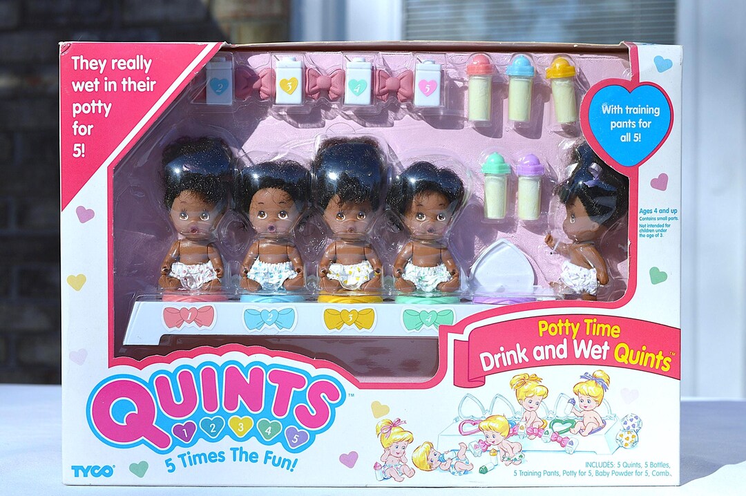 Tyco Quints Potty Time Playset: 1991 African American Drink & Wet Dolls ...