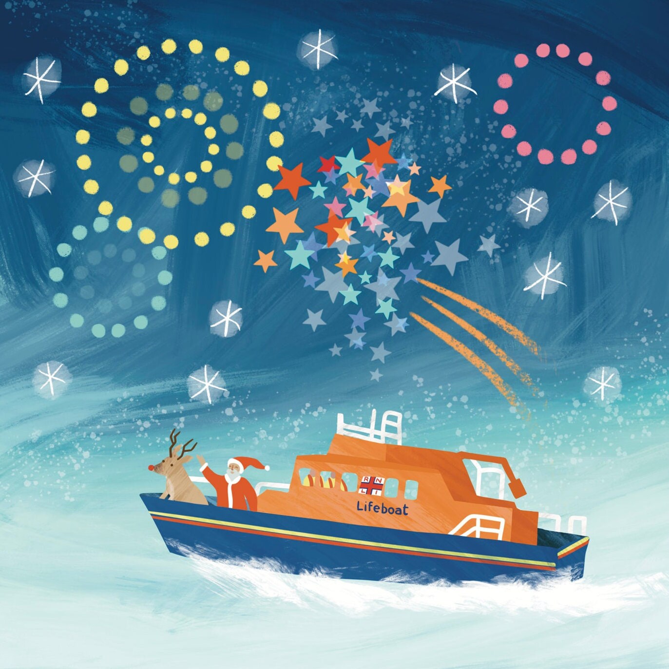 Christmas Fireworks RNLI Lifeboat Christmas Card Cornish Harbour Christmas Gill Wild Art Etsy
