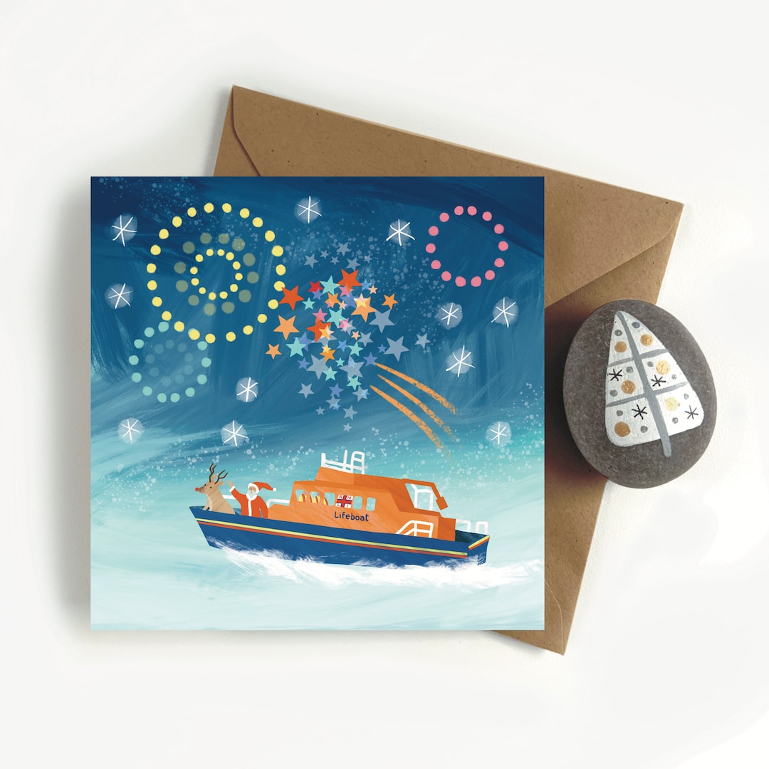 Christmas Fireworks, RNLI Lifeboat Christmas Card, Cornish Harbour ...