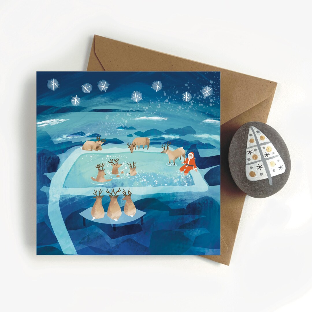 Mousehole Rock Pool Christmas Art Card, Santa and Reindeer - Etsy