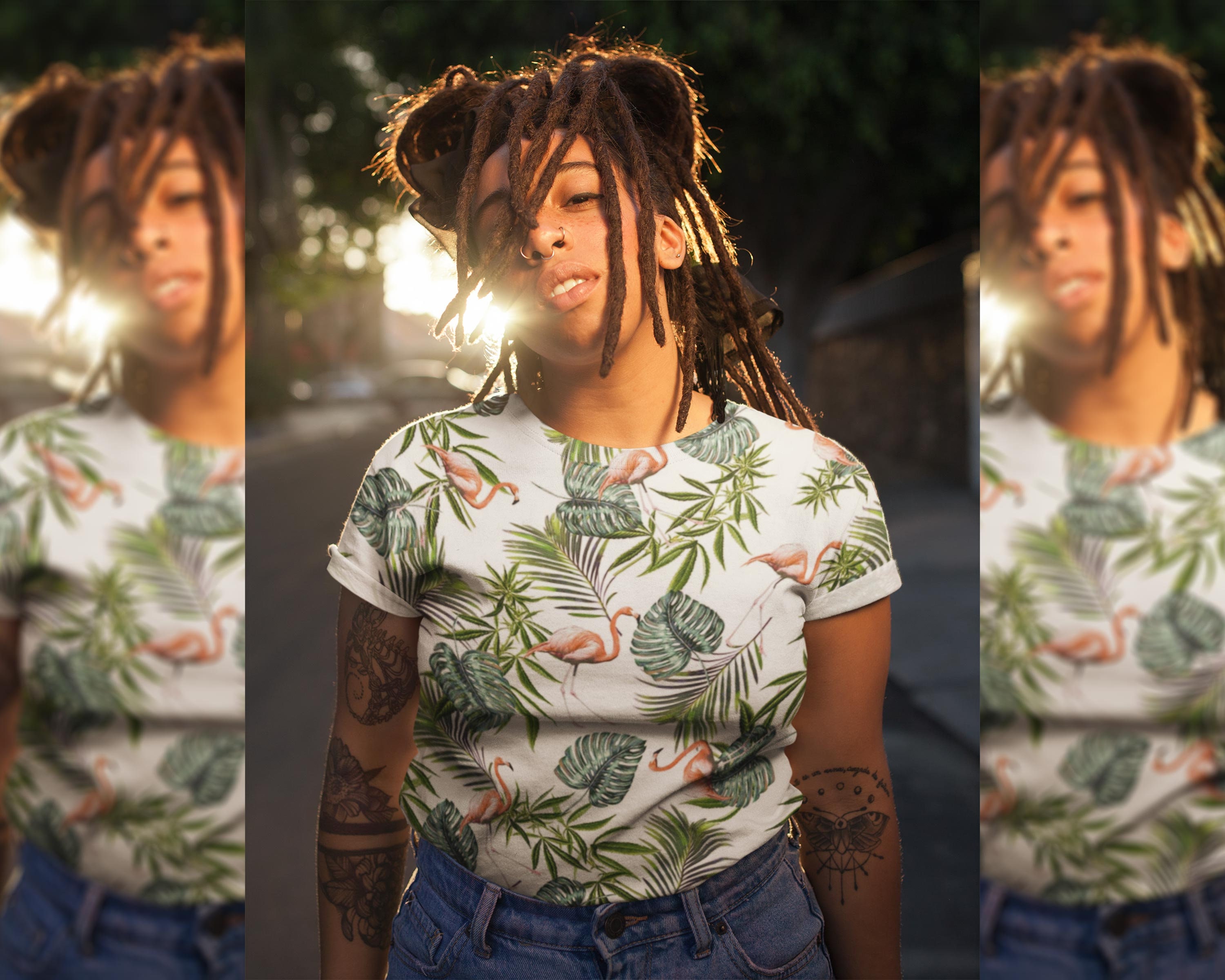 Cannabis T-shirt TROPICAL FLAMINGO Marijuana Plant & Palm Leaf Print ...