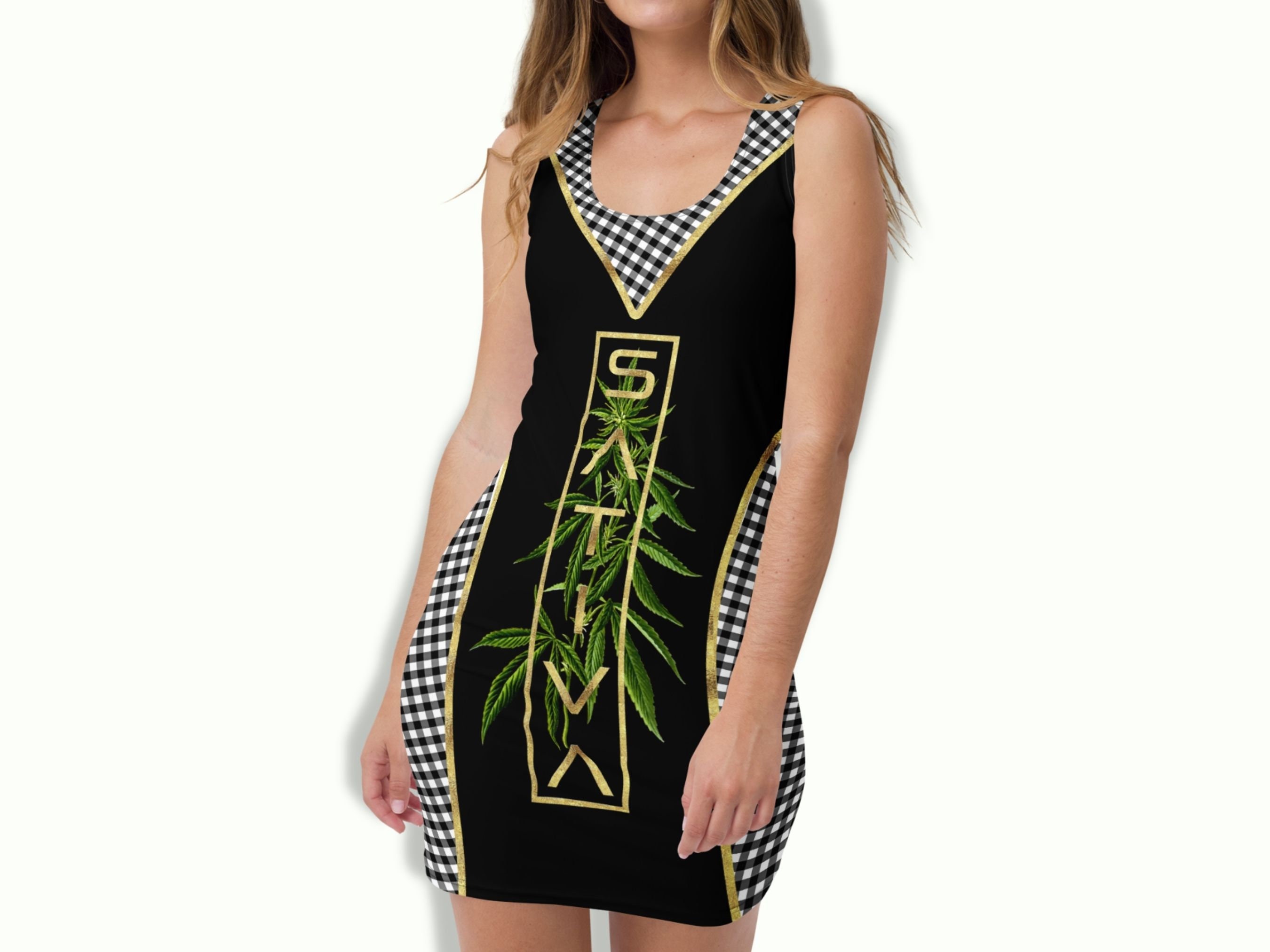 CANNABIS BODYCON DRESS Sativa Weed Leaf Gingham Lycra Dress Marijuana Dress Stoner Cannabis Gift ...
