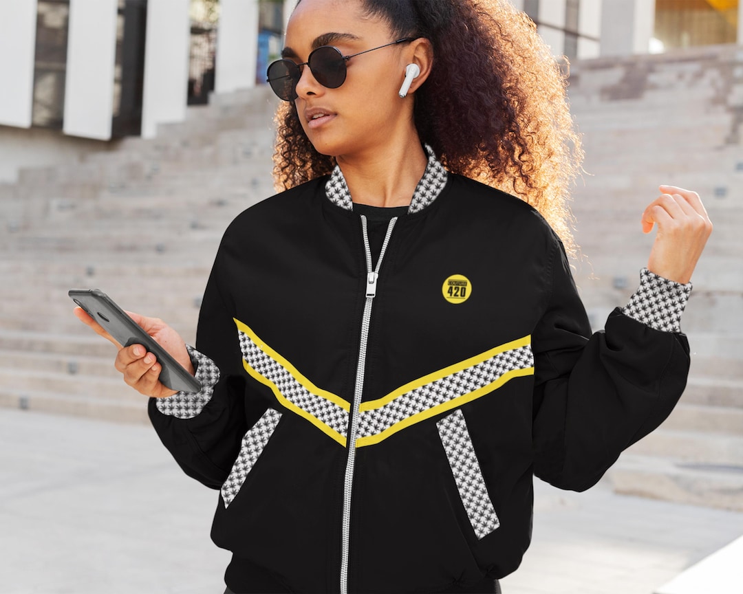Cannabis Bomber Jacket With Weed Leaf Print, Black and Yellow 420 ...