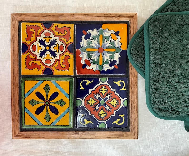 Trivet Handcrafted Oak Wood Frame 10.5x10.5 outside Dim With 4 Mexican ...