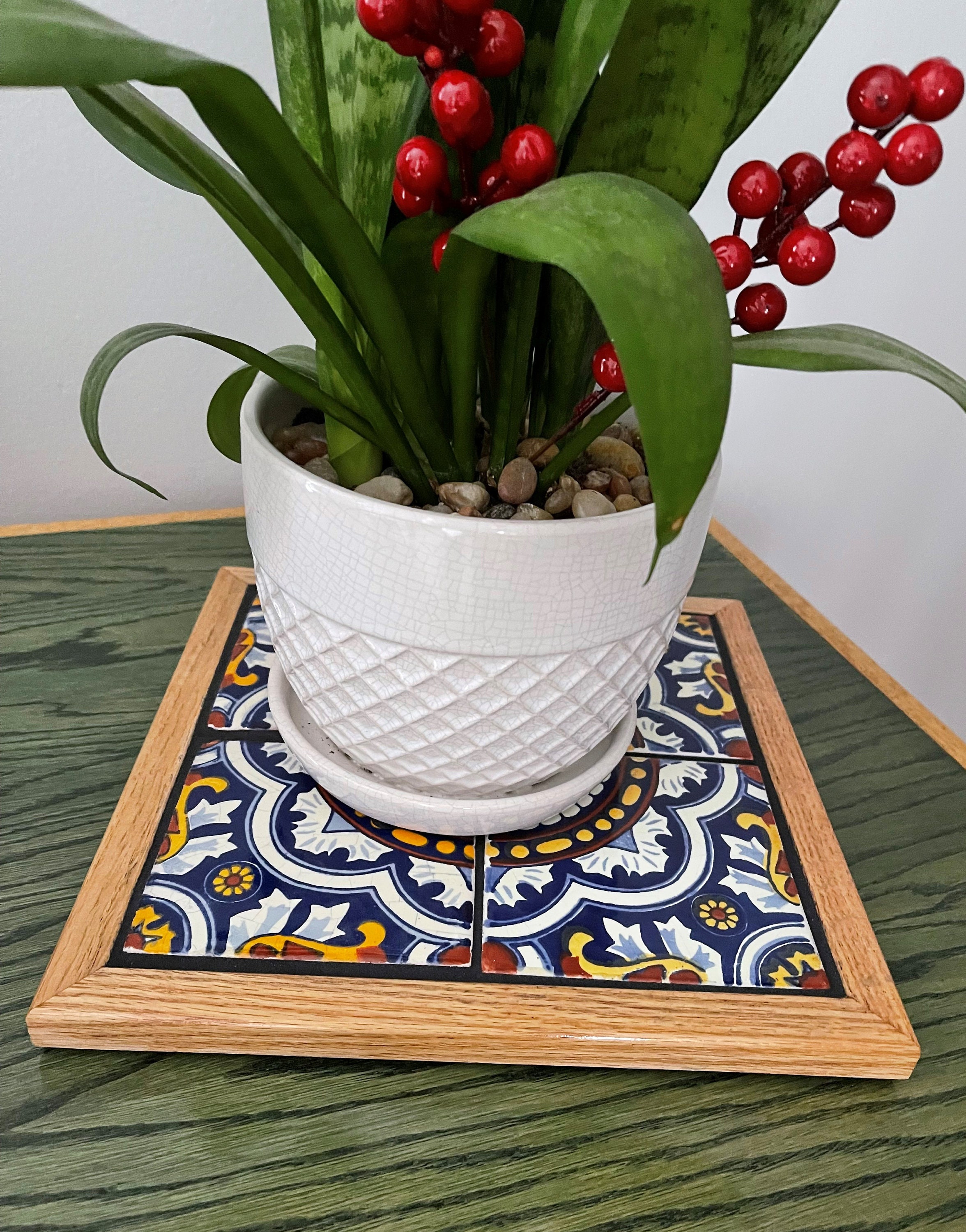 outside dim 10.5x10.5 with 4 Mexican Ceramic Tile Trivet Handcrafted ...