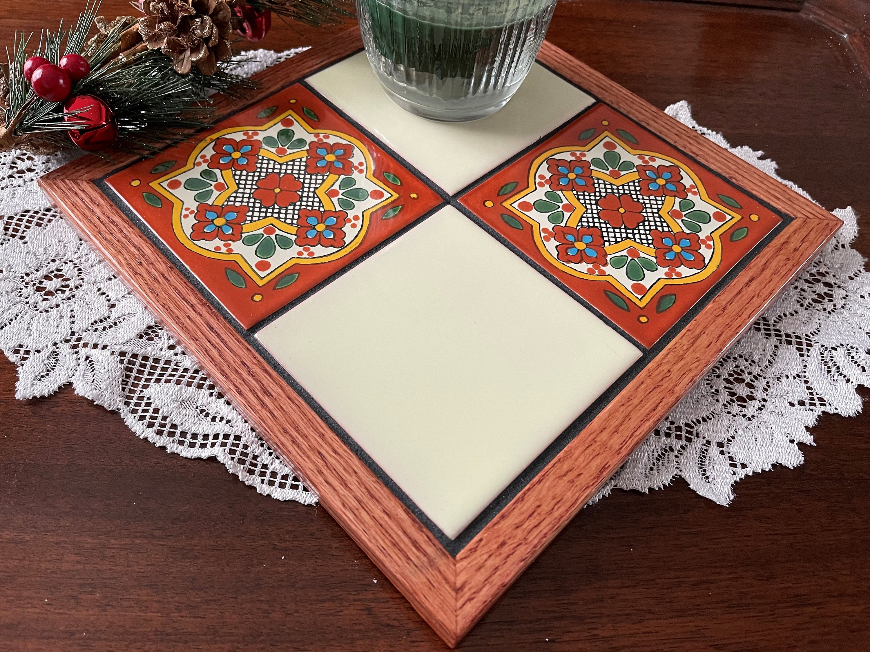 Trivet Handcrafted Oak Wood Frame 10.5x10.5 outside Dim With 4 Mexican ...