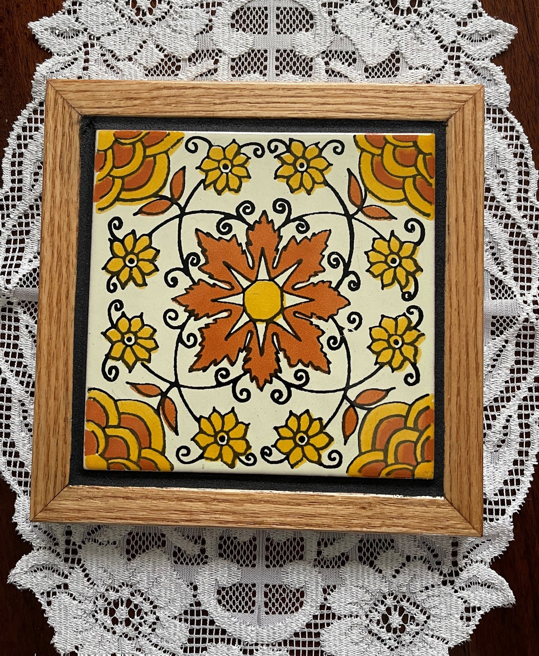 Trivet Handcrafted Oak Wood Frame - 8"x8" (outside Dim) With 1 Imported ...
