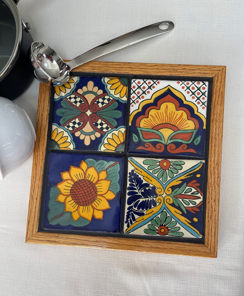 Trivet Handcrafted Oak Wood Frame 10.5x10.5 outside Dim With 4 Mexican ...