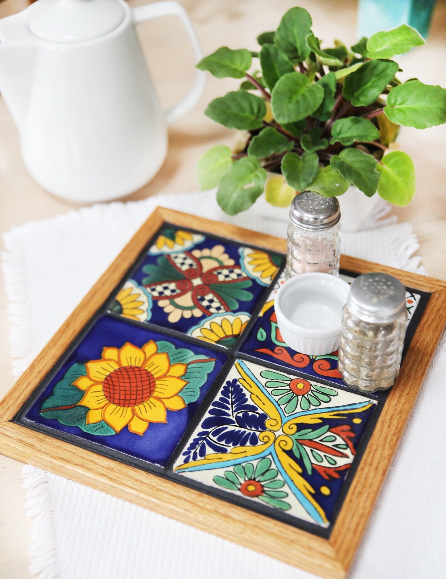Trivet Handcrafted Oak Wood Frame 10.5x10.5 outside Dim With 4 Mexican ...