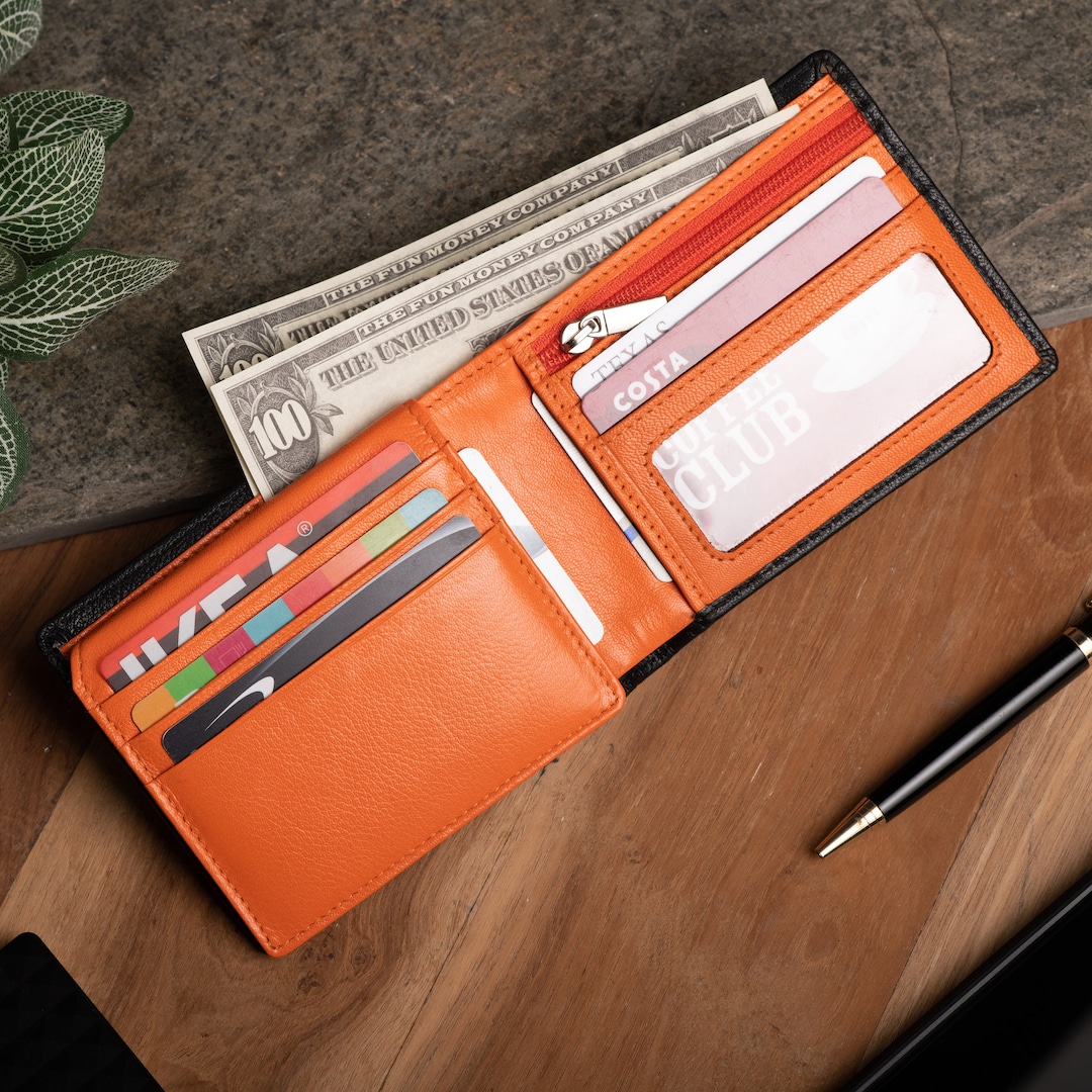 RFID Super Slim Genuine Leather Wallet - Black / Orange - Card Holder ...