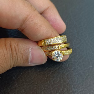 14k Yellow Gold Fn Diamond Trio His Her Bridal Set Engagement Ring ...