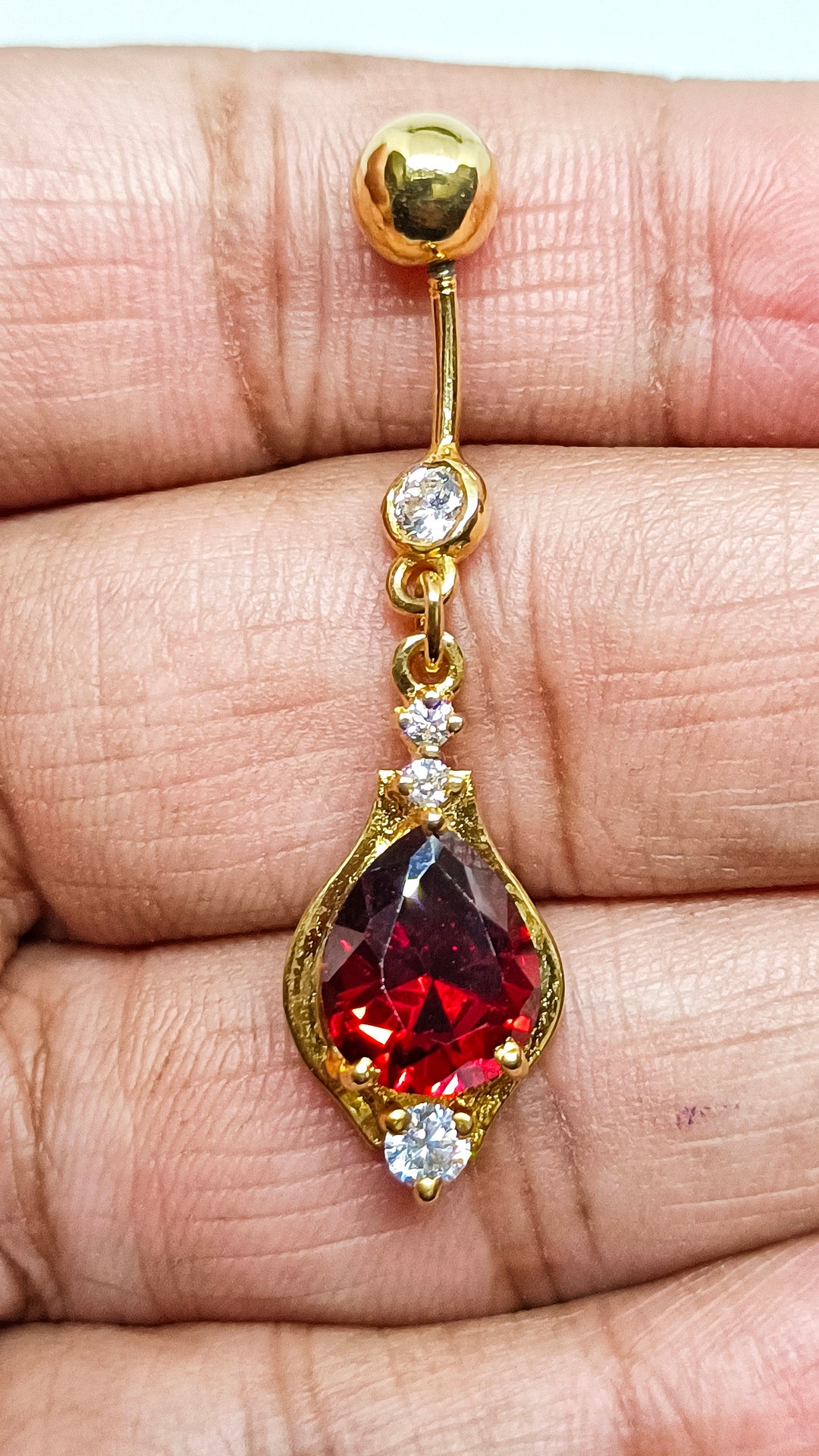Teardrop Ruby Belly Button Ring: 14K Gold Dangle Navel Piercing - Etsy
