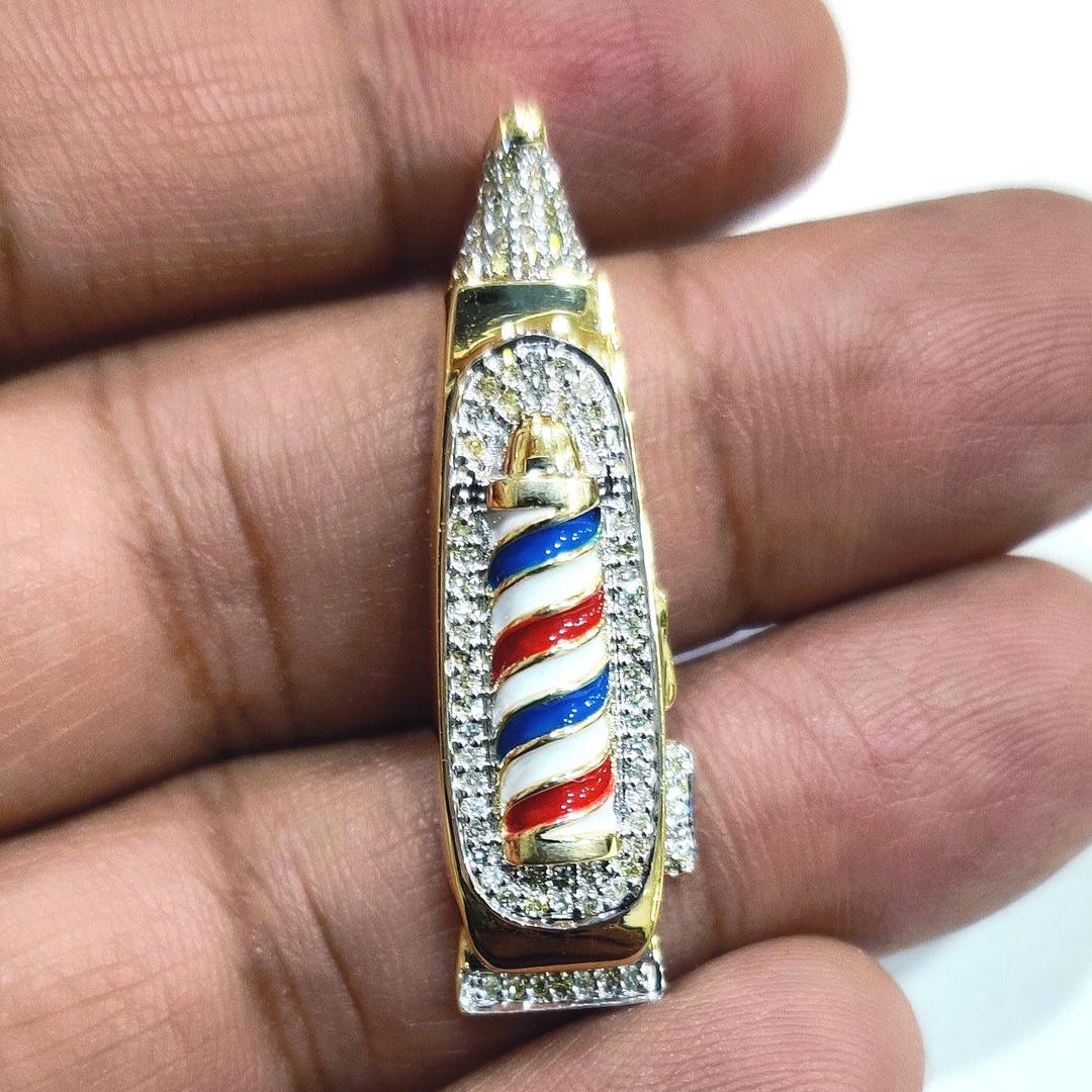 10K Solid Yellow Gold Barber Pole Clipper Diamond Pendant 1/3 Ct 1.5 ...