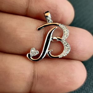 14k Solid White Gold 0.12 Ct Round Cut Diamond Initial B Letter Heart ...
