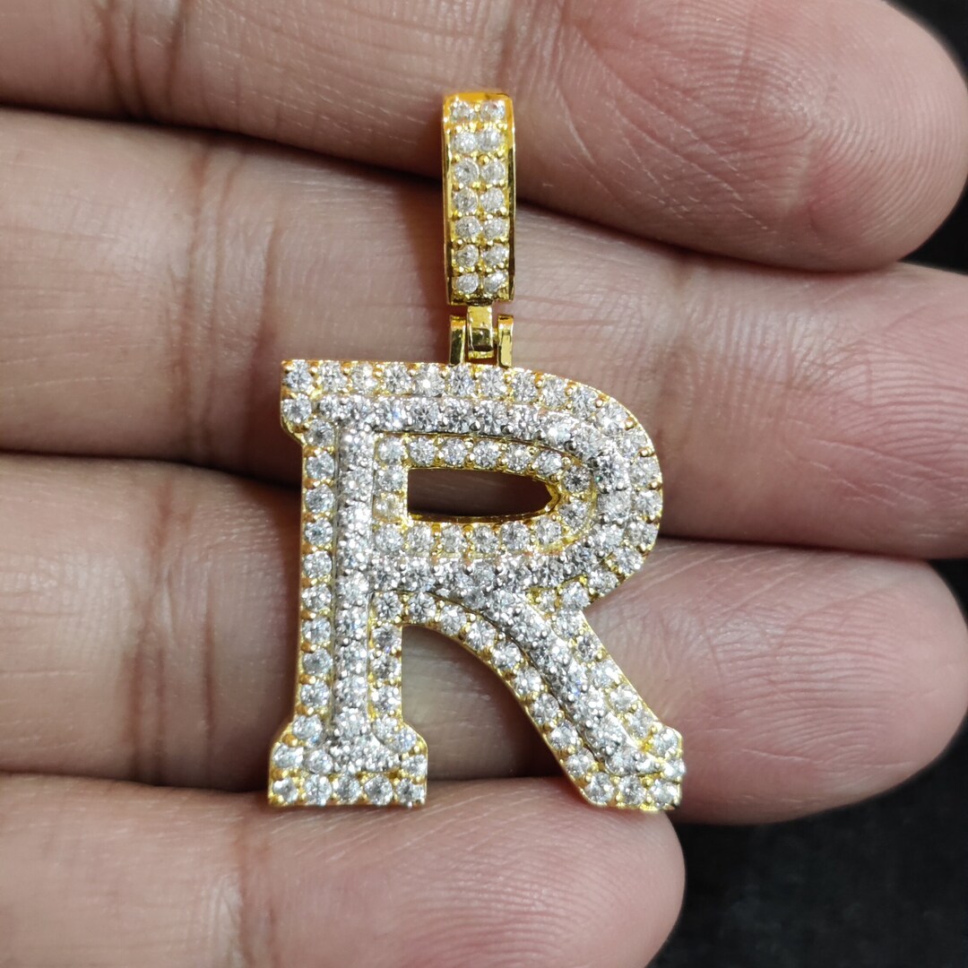 10K Yellow Gold Finished Initial "r" Letter Charm Pendant 1.75ct Round ...