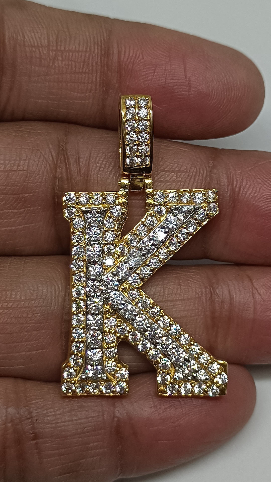 10K Solid Yellow Gold Finished Initial "k" Letter Charm Pendant 2.10ct ...