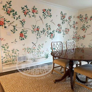 G-031 Lingering Garden Chinoiserie Handpainted Wallpaper on Ivory Paper ...