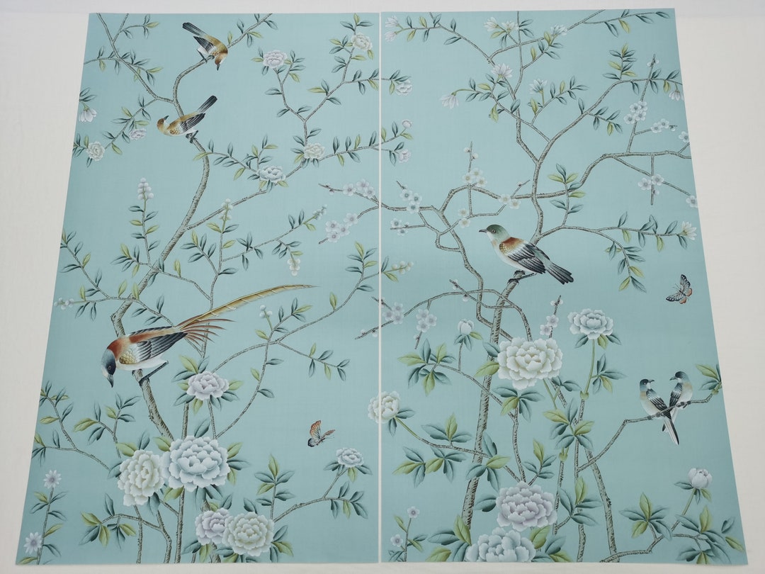 24 X 42 Chinoiserie Handpainted Artwork on Duckegg Blue Spun Silk SP-35 - Etsy