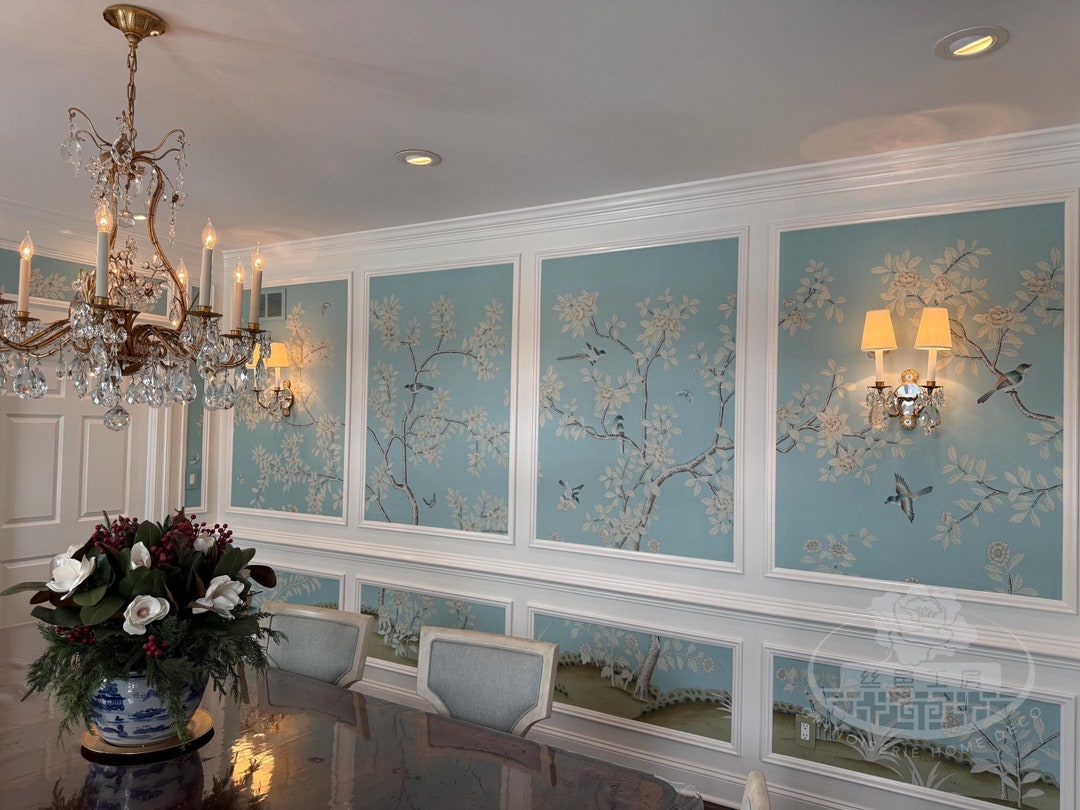 Chinoiserie Wallpaper Mural, Hand Painted Duckegg Blue Silk ...