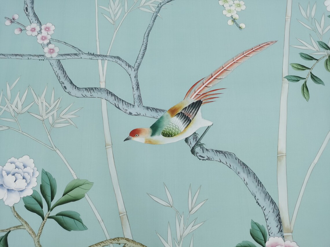 G-003 Birds Awakening Garden – Hand-painted Chinoiserie Mural on ...