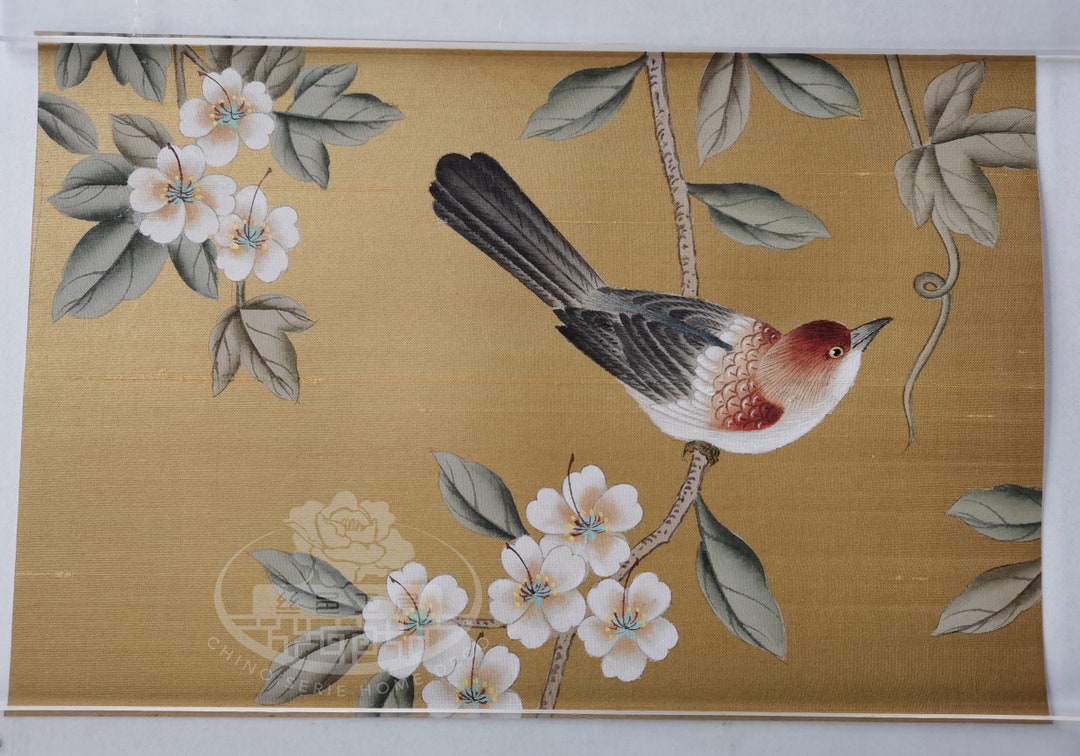 SAMPLE in STOCK for G-016 Birds and Vines on Gold Slub Silk CS-1 - Etsy