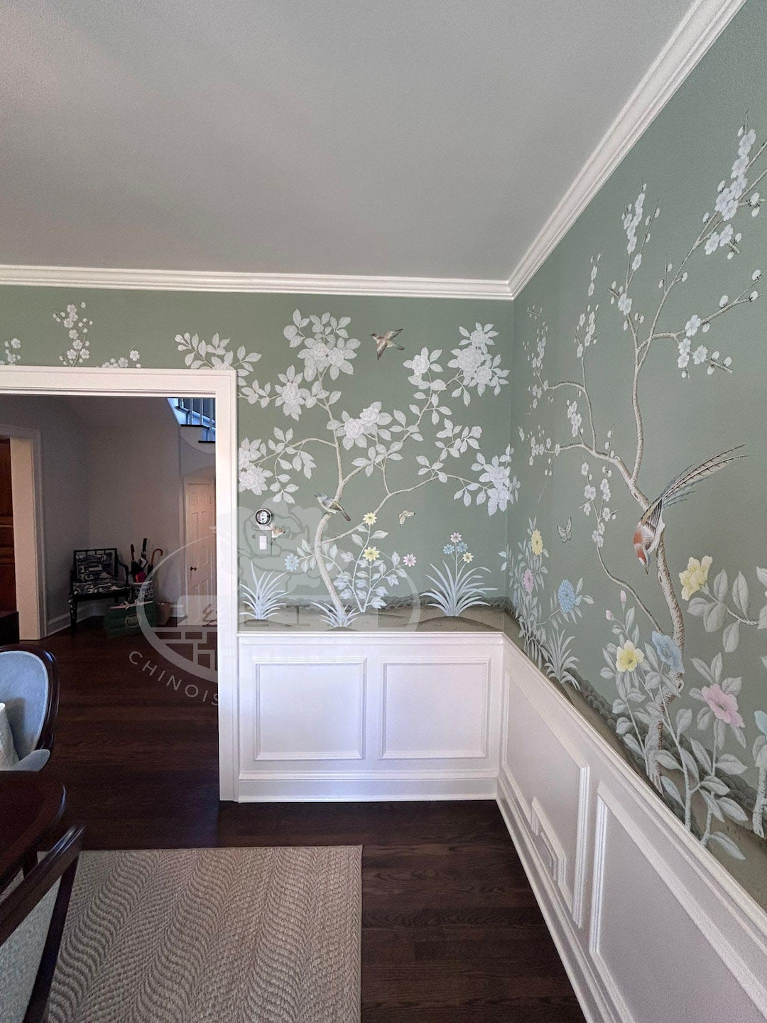 Chinoiserie Wallpaper Mural - Hand-painted Peonies & Birds on Aganthus ...