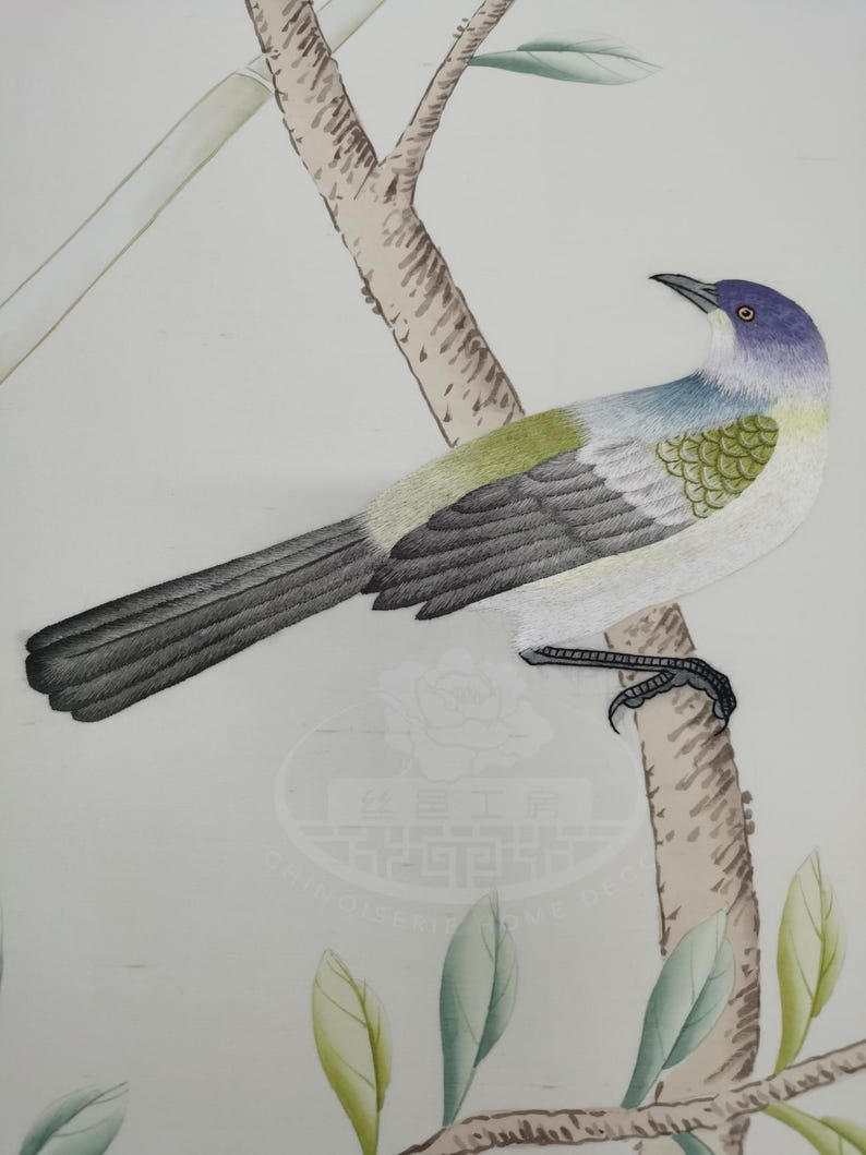 G-003 Birds Awakening Garden – Hand-painted Chinoiserie Mural on White ...